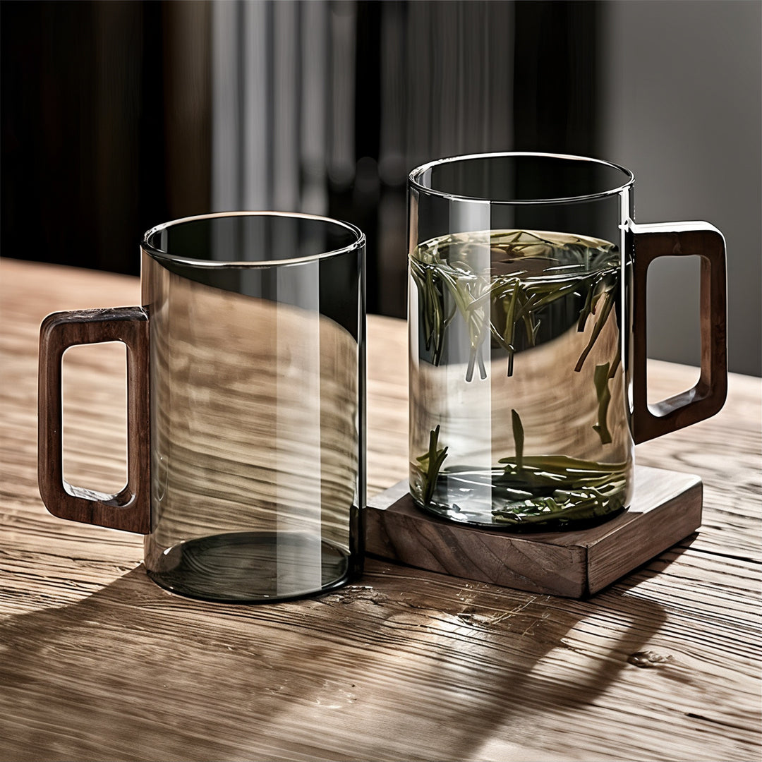 Pack of 2 - Smokey Gray Glass Coffee Mugs With Walnut Handle - Clear ...